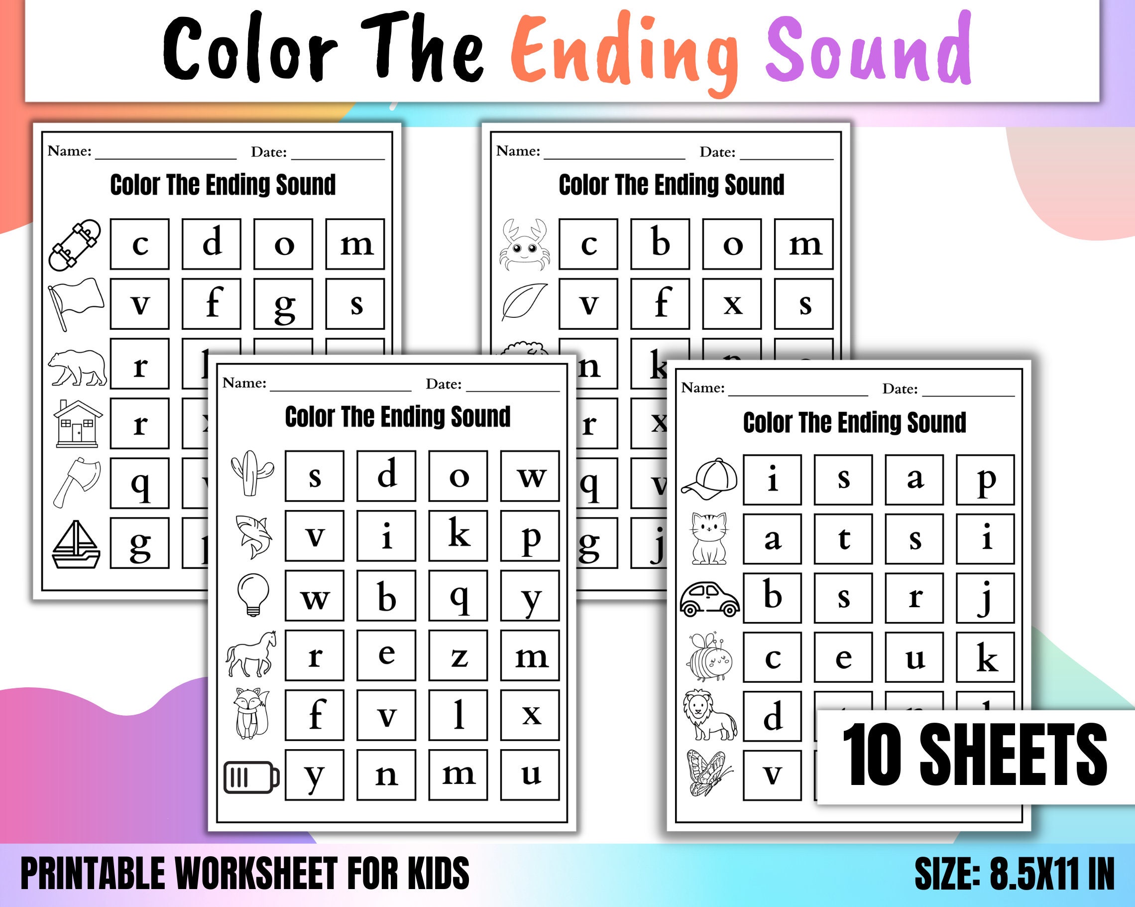10 Printable Ending Sounds Worksheets, Initial Sound Practice ...