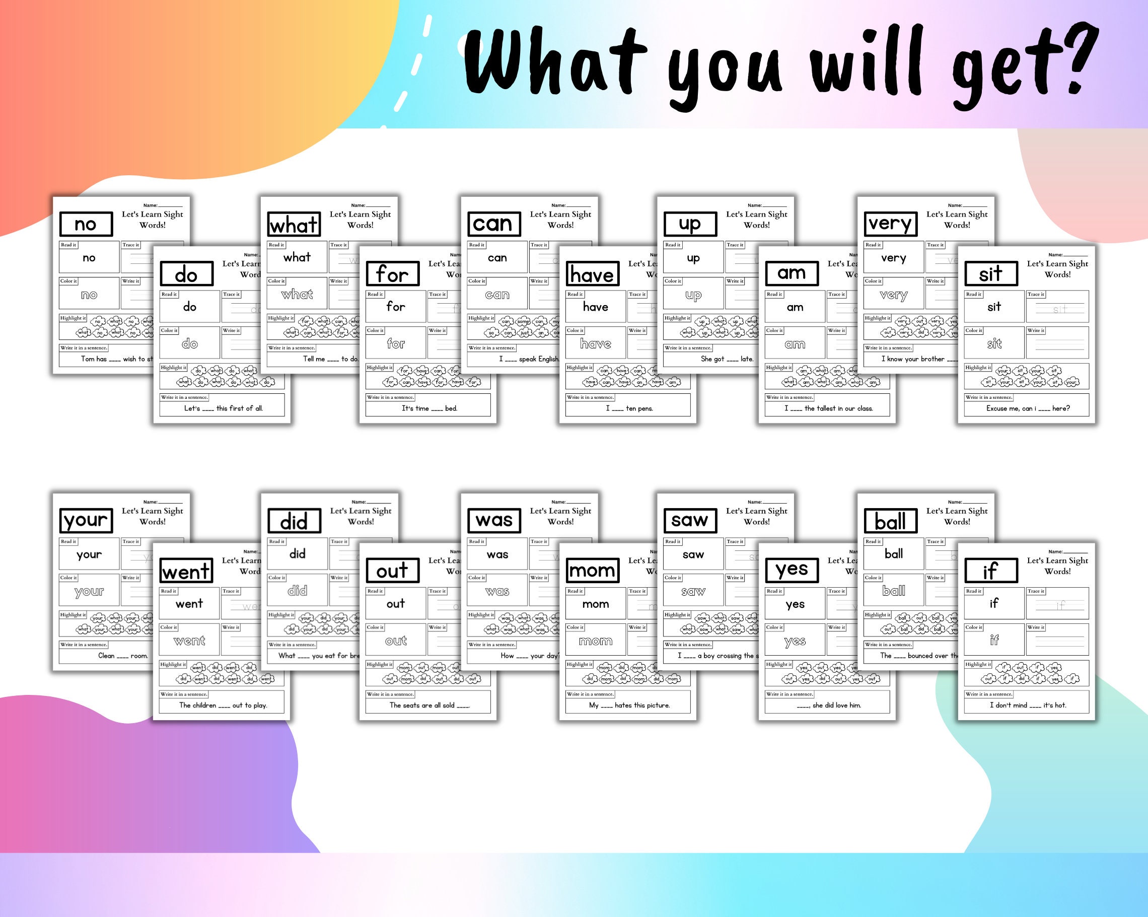 20 Sight Words Worksheets, Sight Words Printable, Sight Words Flash ...