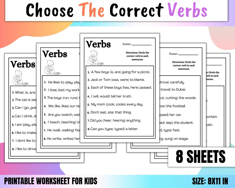 8 Printable Choose the Correct Verb Worksheets. Preschool, Kindergarten ...