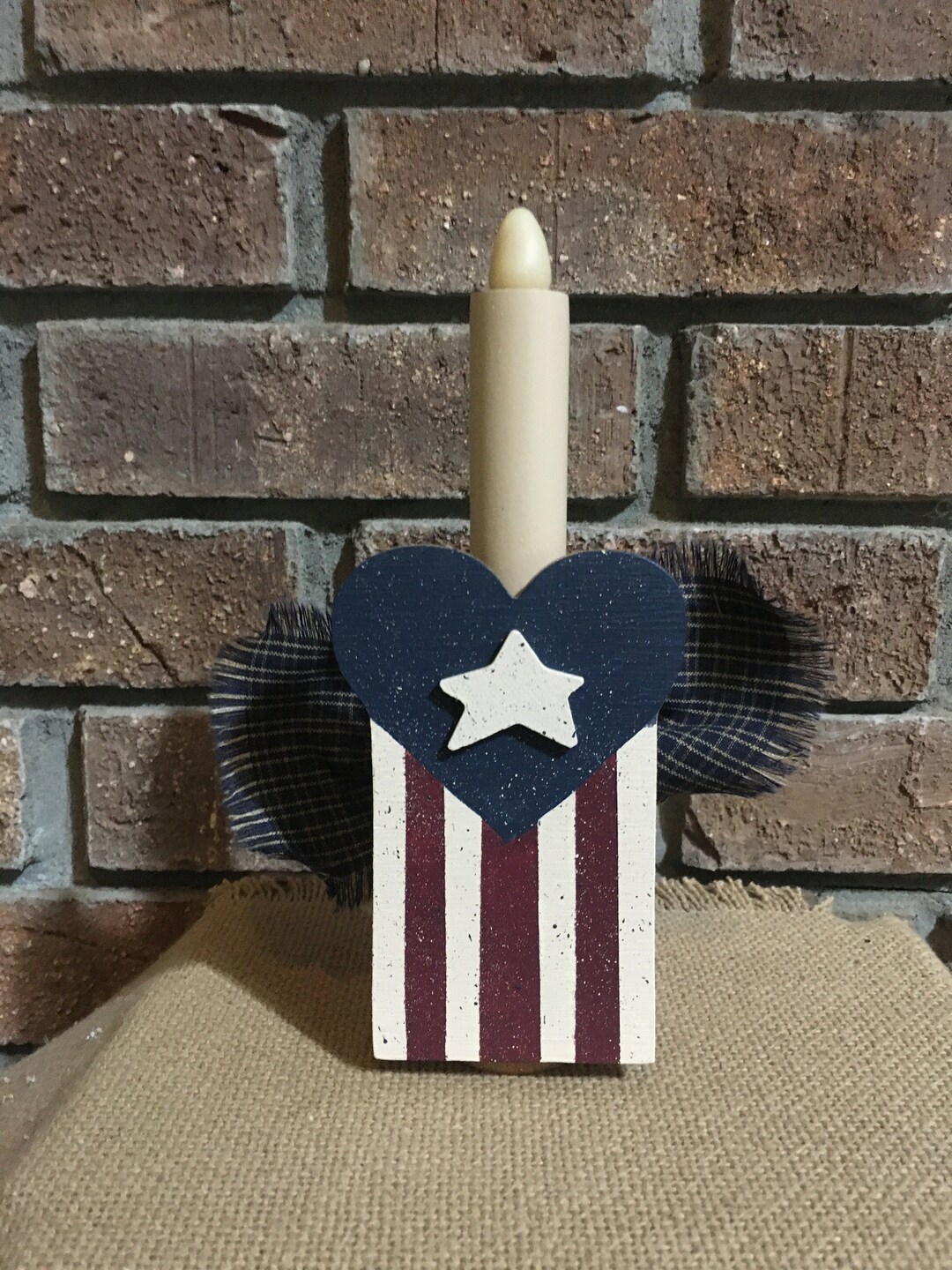 Flag Wooden Candle With Glow in the Dark Flame and Navy Bow Homespun ...