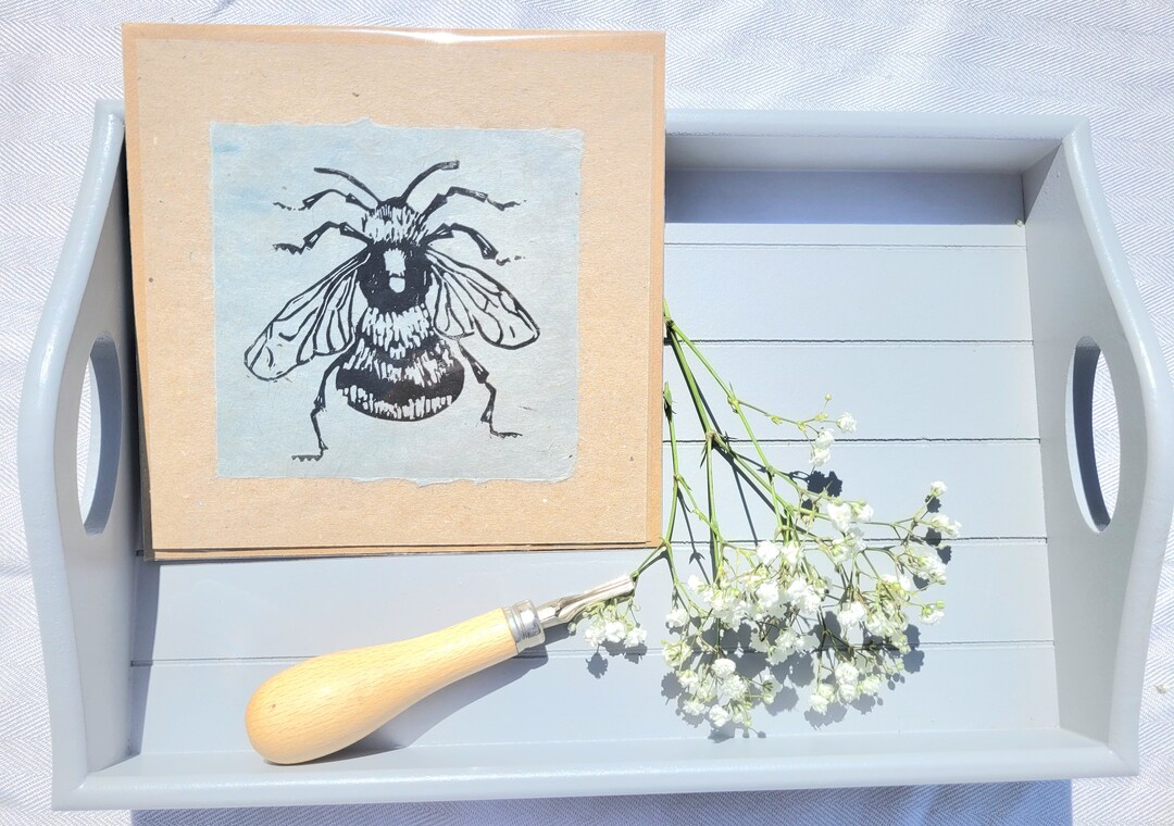 Bee Linocut Print, Bee Greeting Card, Hand Printed Linocut Card, Brown ...