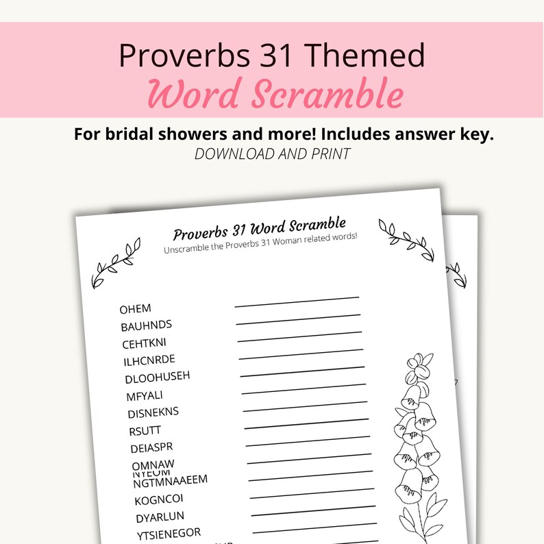 Proverbs 31 Themed Printable Word Scramble for Bridal Showers | Wedding ...