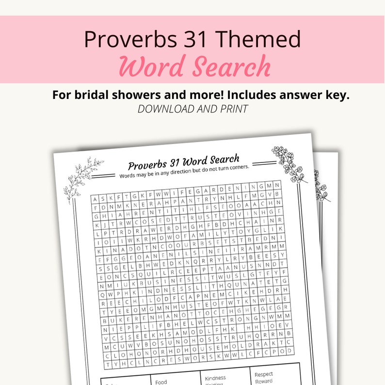 Printable Proverbs 31 Woman Themed Word Search for Bridal Showers | "floral and Flourish" | PDF ...