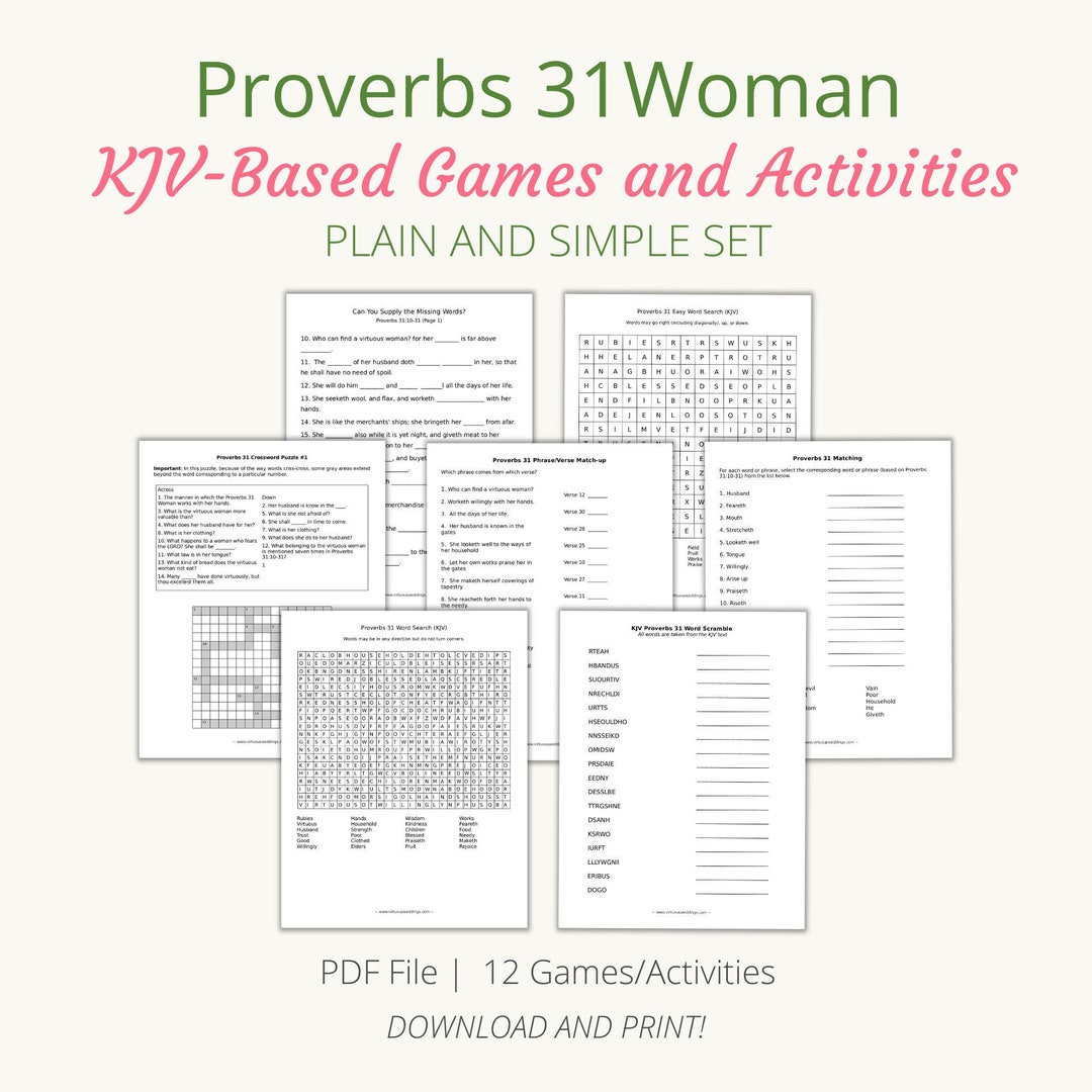 Set of Proverbs 31 (KJV) Themed Printable Games and Activities for ...