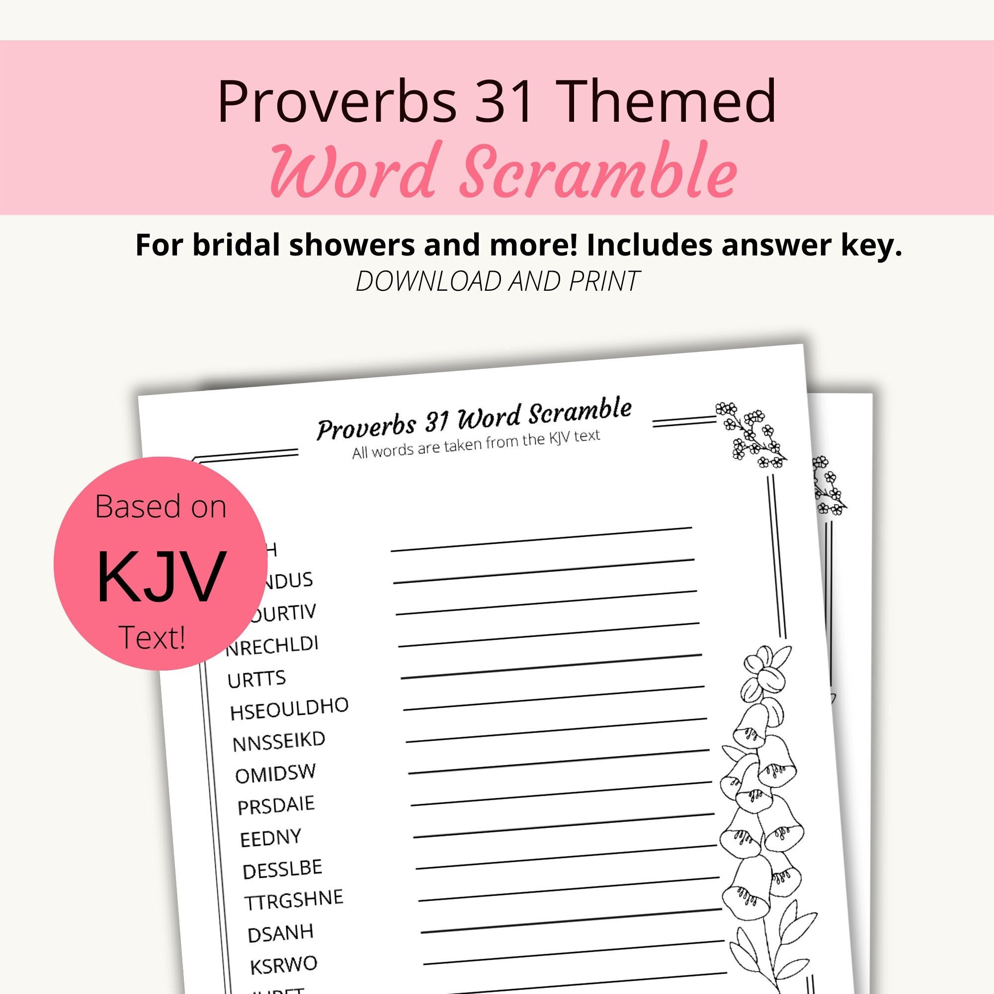 Proverbs 31 Themed Printable Word Scramble for Bridal Showers | KJV | "floral and Flourish ...