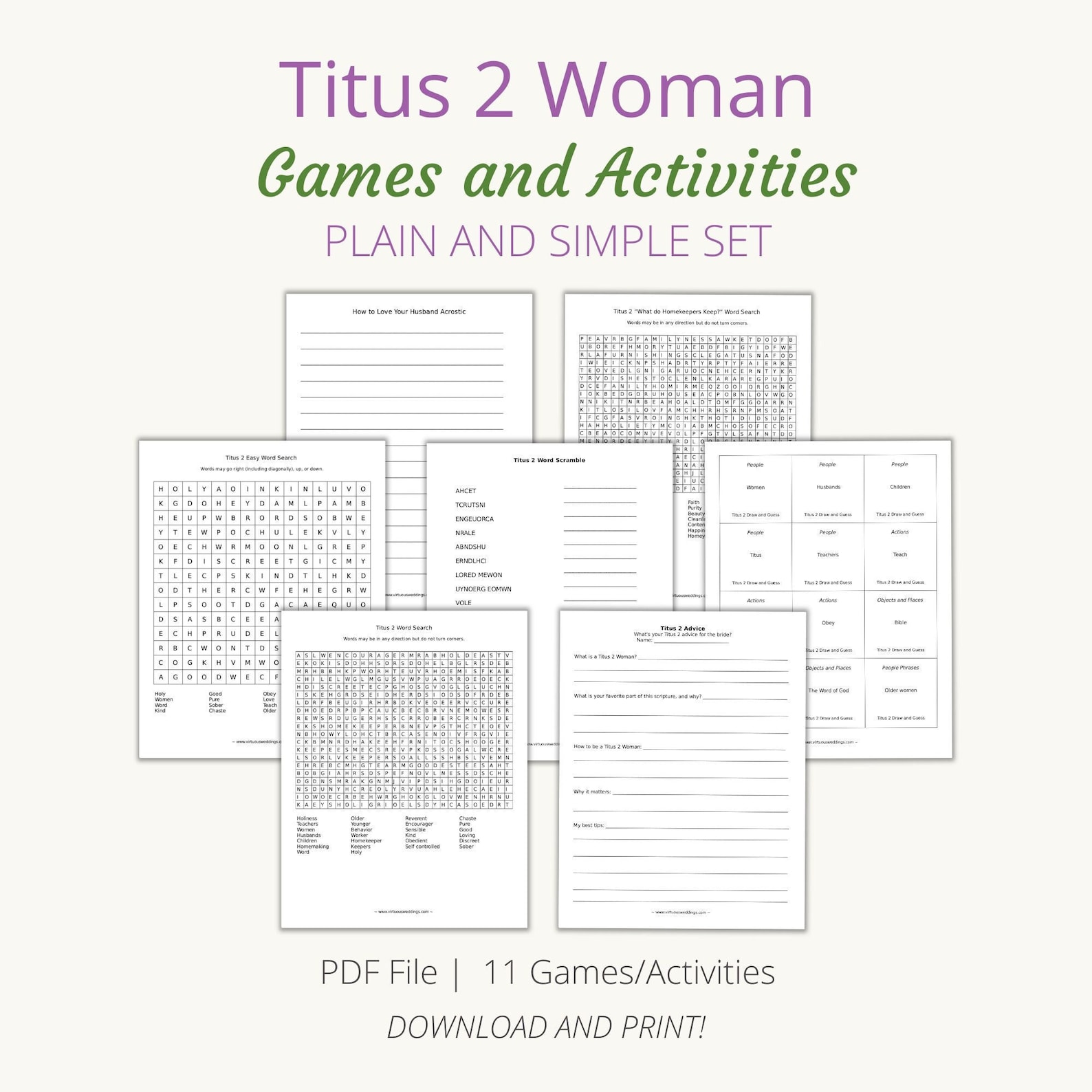 Set of Titus 2 Themed Printable Games and Activities for Bridal Showers ...