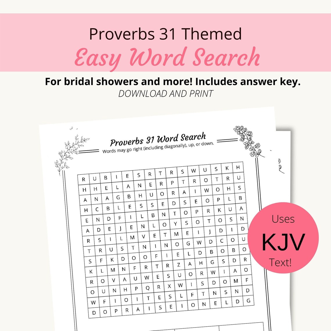 Easy Proverbs 31 Themed Printable Word Search for Bridal Showers | KJV ...