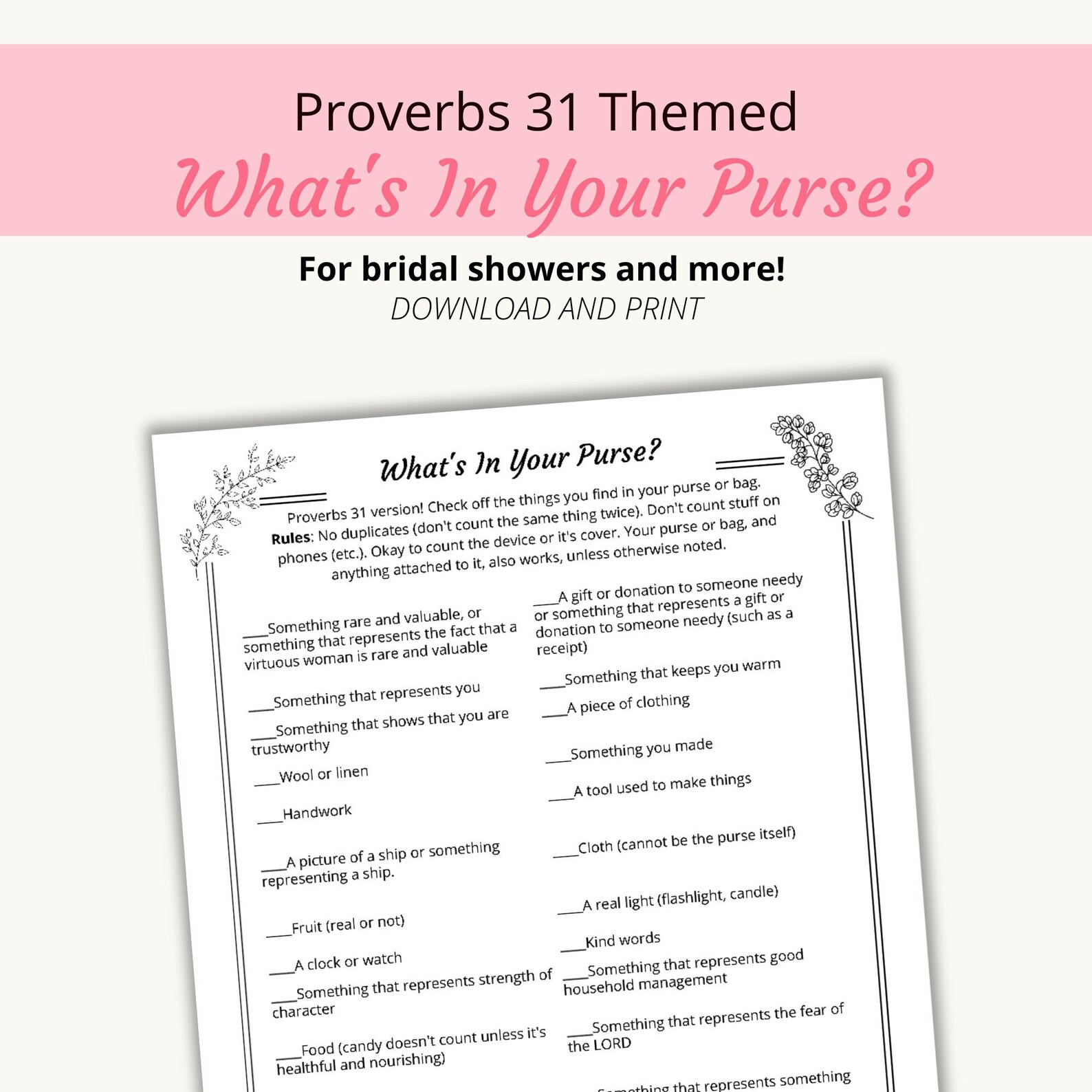 Proverbs 31 Themed "what's in Your Purse | Christian Bridal Shower Game ...