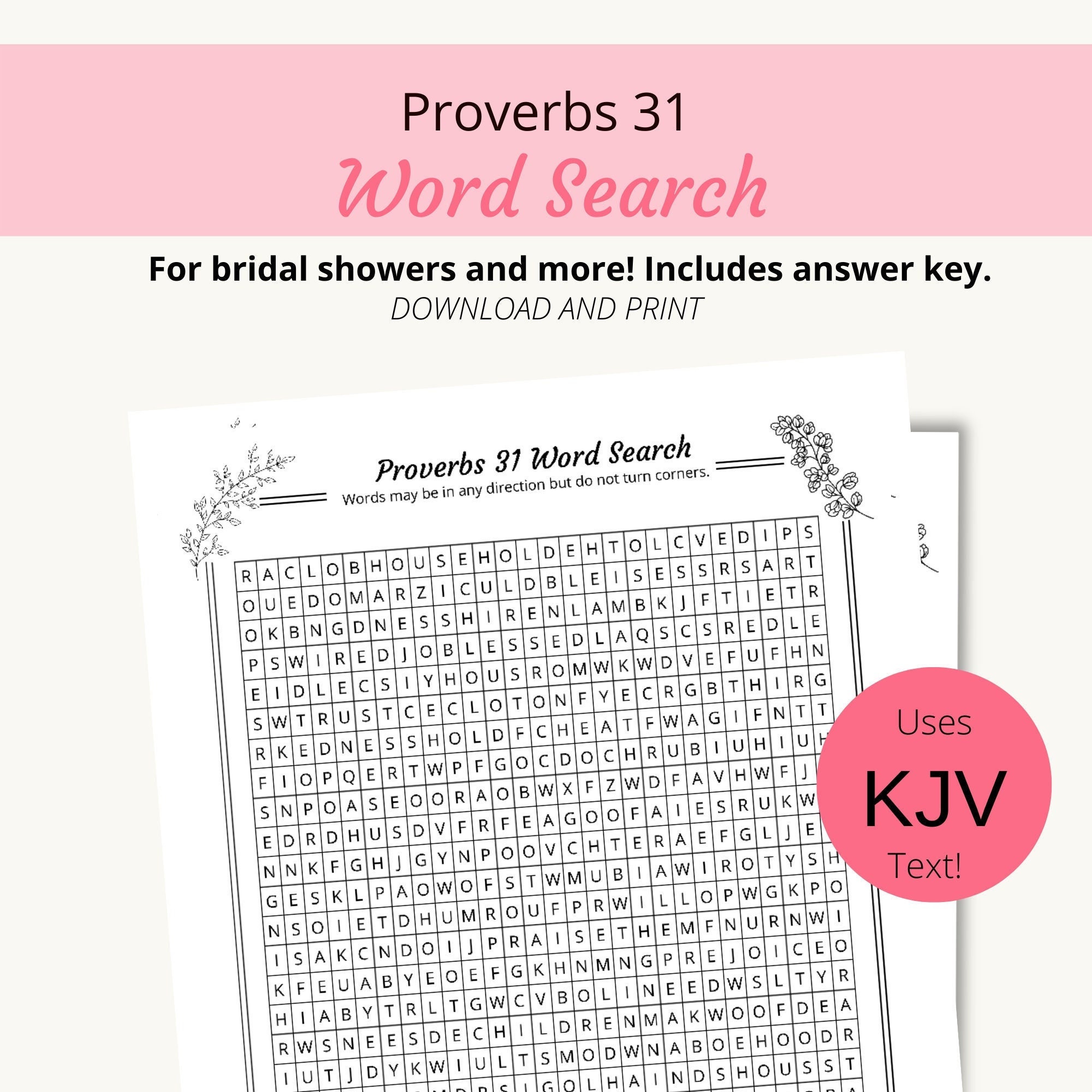 Proverbs 31 Woman Themed Printable Word Search for Bridal Showers | KJV ...