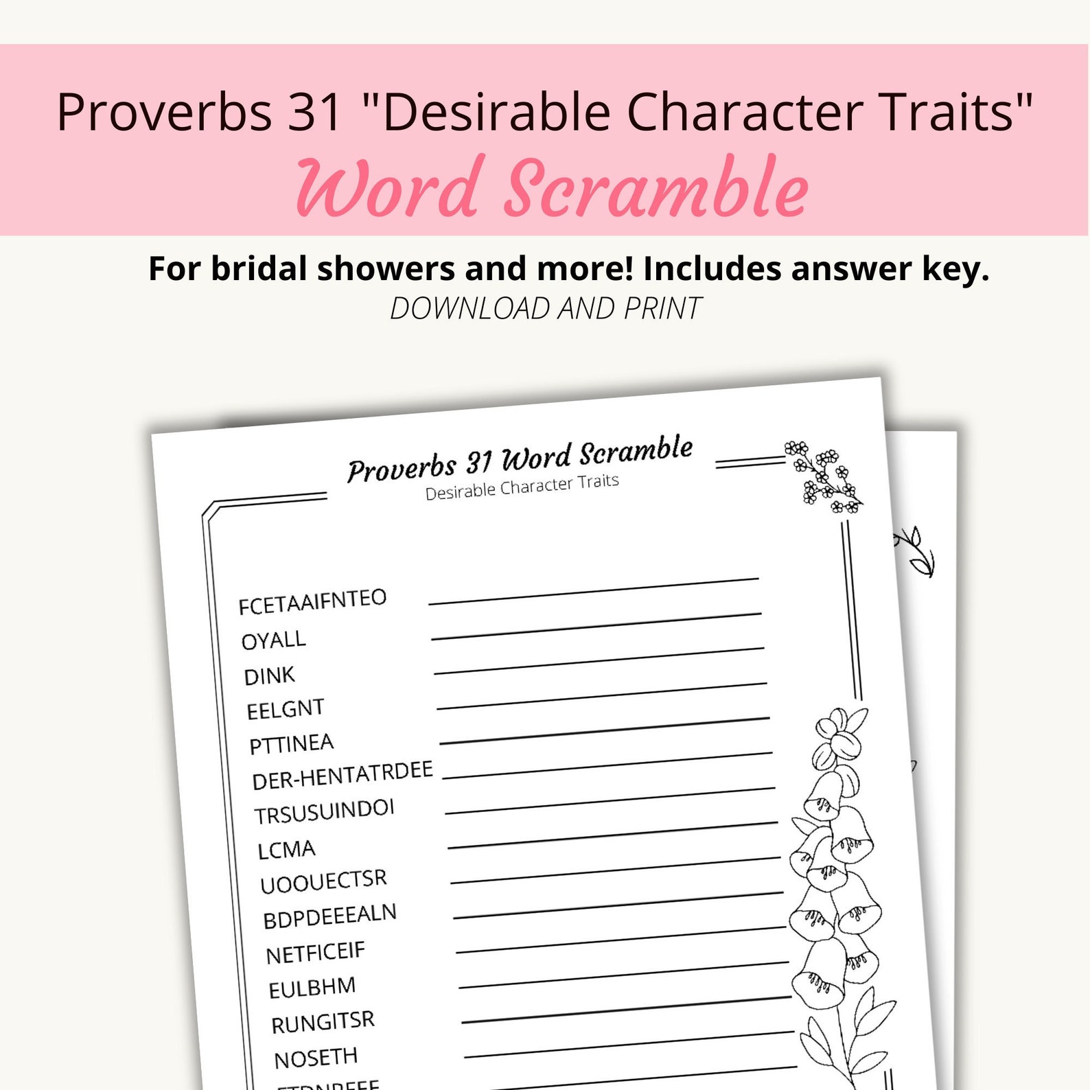 Proverbs 31 Woman "character Traits" Word Scramble | Bridal Shower ...