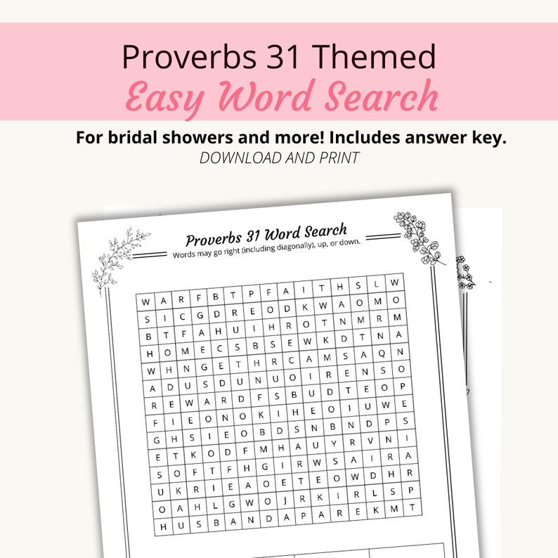 Printable Proverbs 31 Themed Easy Word Search for Bridal Showers ...