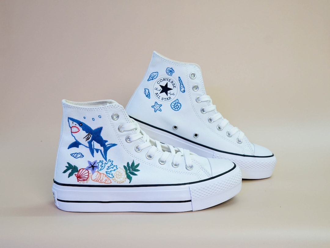 Embroidered Converse Shoes With Shark and Sea Life Design Ocean Themed ...