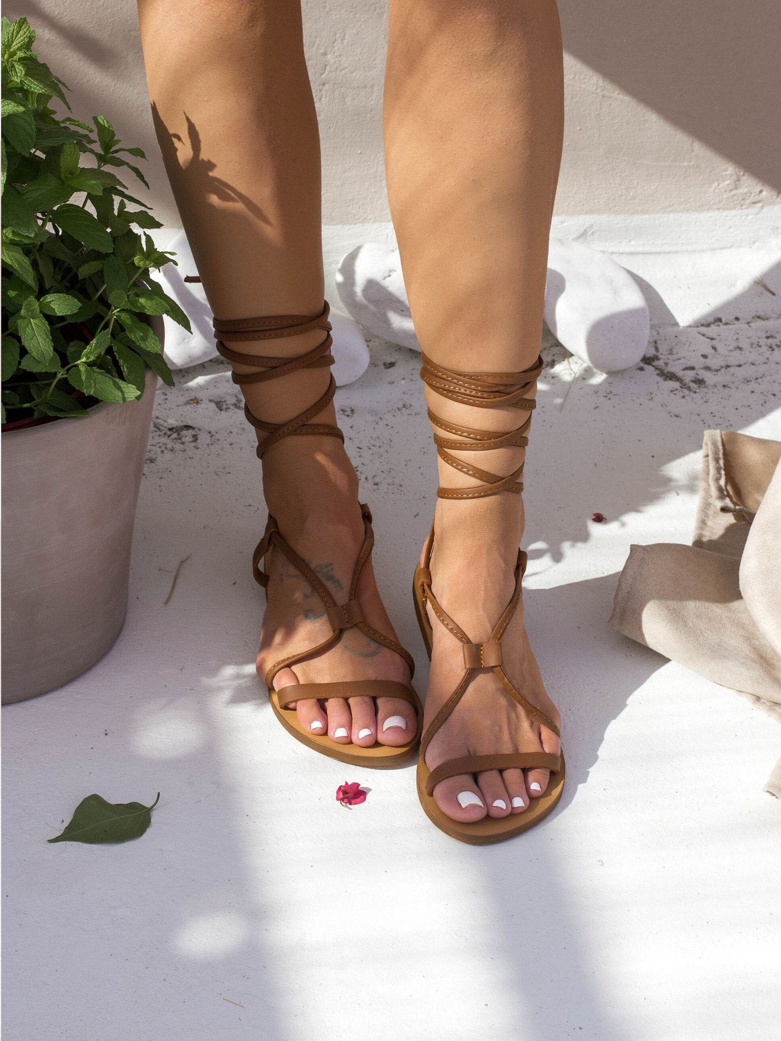 Gladiator Sandals: Wrap-around Ankle Style, Women's Brown Leather Greek ...