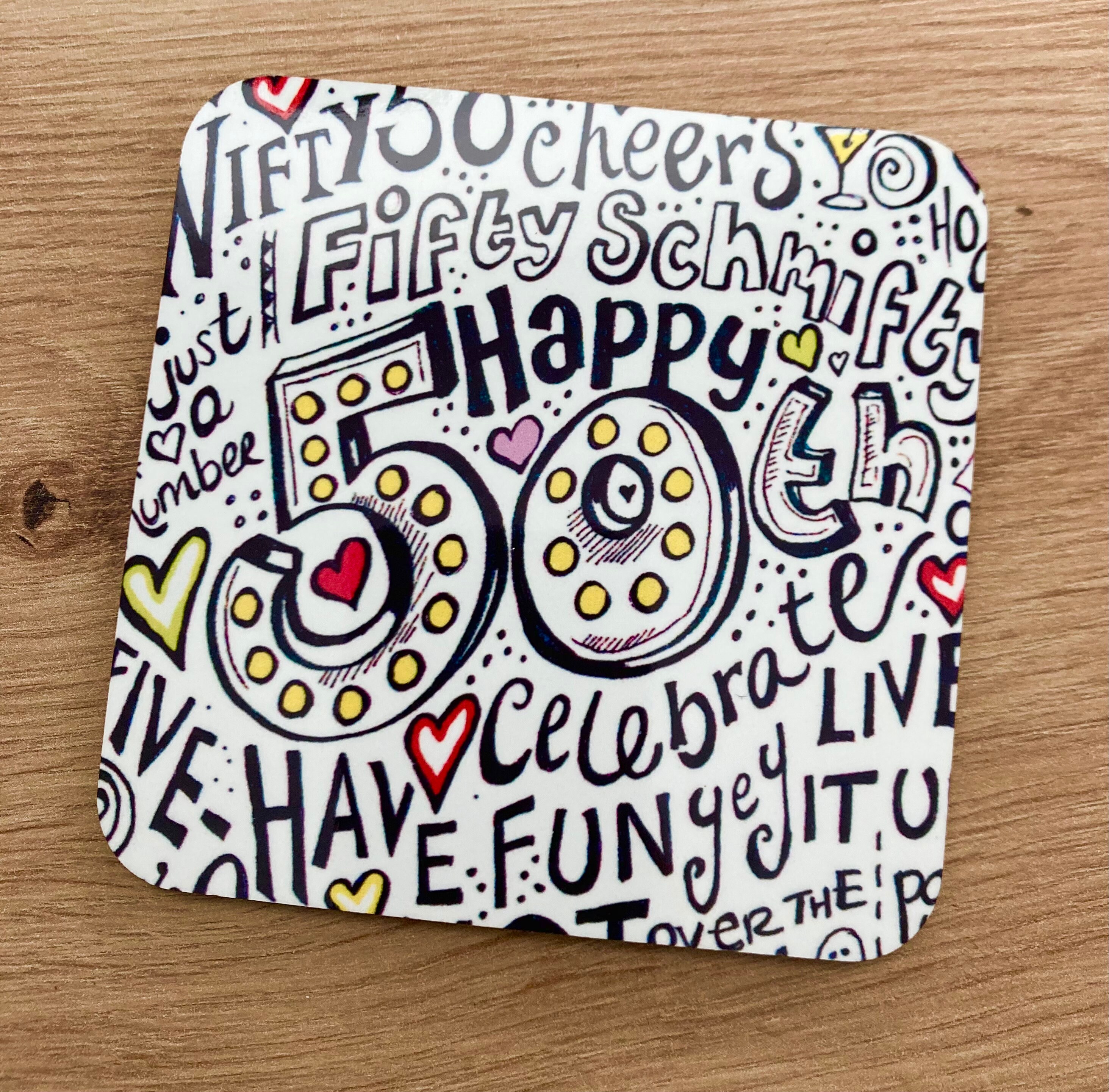 50th Coaster, 50th Birthday Gift, Doodle Art, Gloss Cork Backed Coaster ...