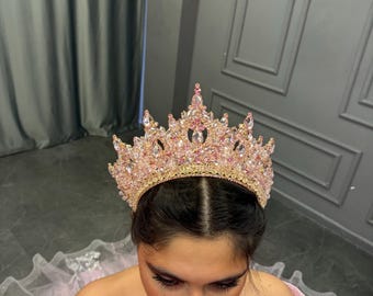 Pink Quinceanera Crown, Bridal Tiara, Wedding Crown, Pink Crown, Wedding Tiara, Quinceaneras ...