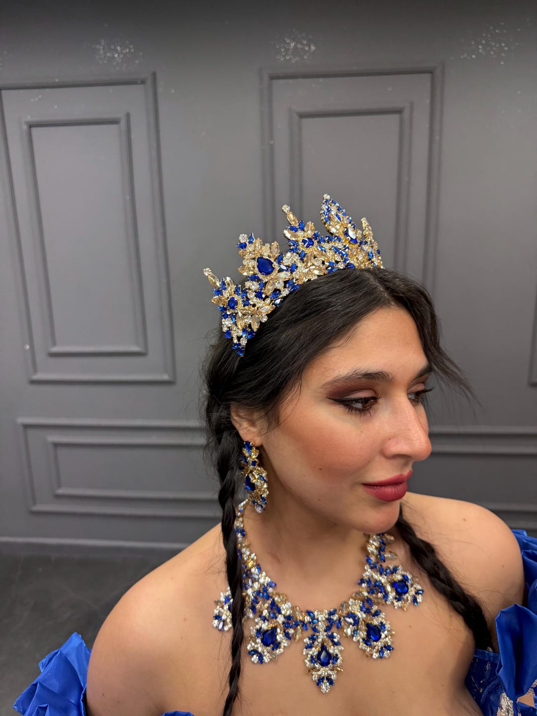 Royal Blue Gold Crown Set, Necklace Set, Earrings, Quinceanera Crown ...