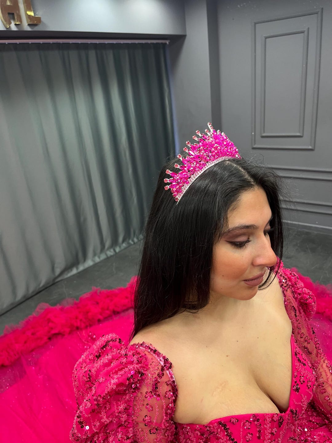 Fuchsia Quinceanera Crown, Bridal Tiara, Wedding Crown, Green Crown, Wedding Tiara, Quinceaneras ...