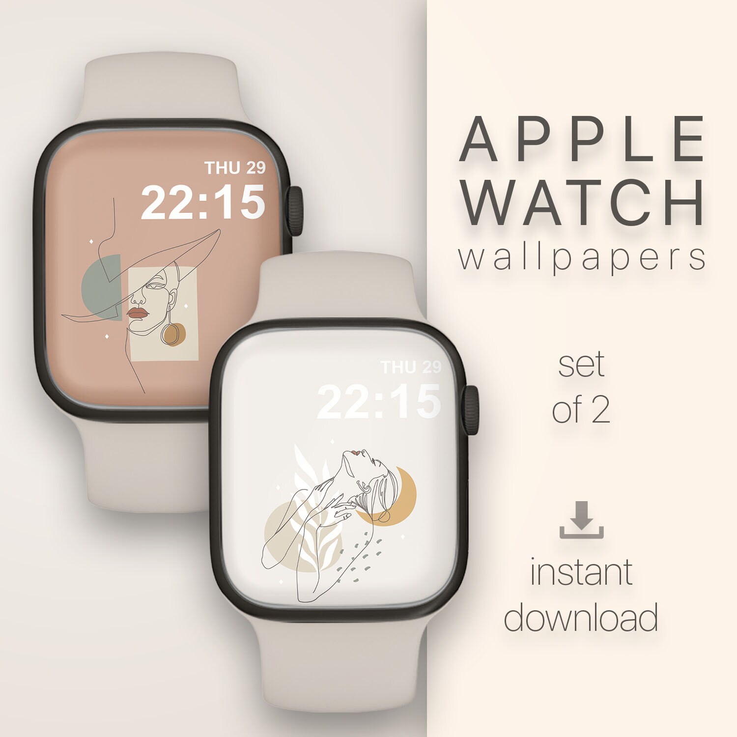 Set of 2 Woman Apple Watch Faces Beige Boho Smartwatch Wallpapers Woman ...