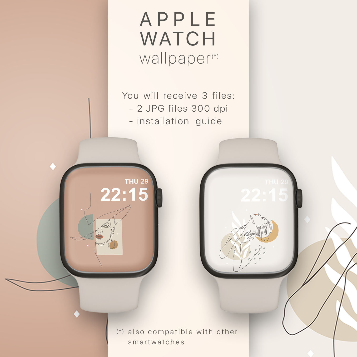 Set of 2 Woman Apple Watch Faces Beige Boho Smartwatch Wallpapers Woman ...