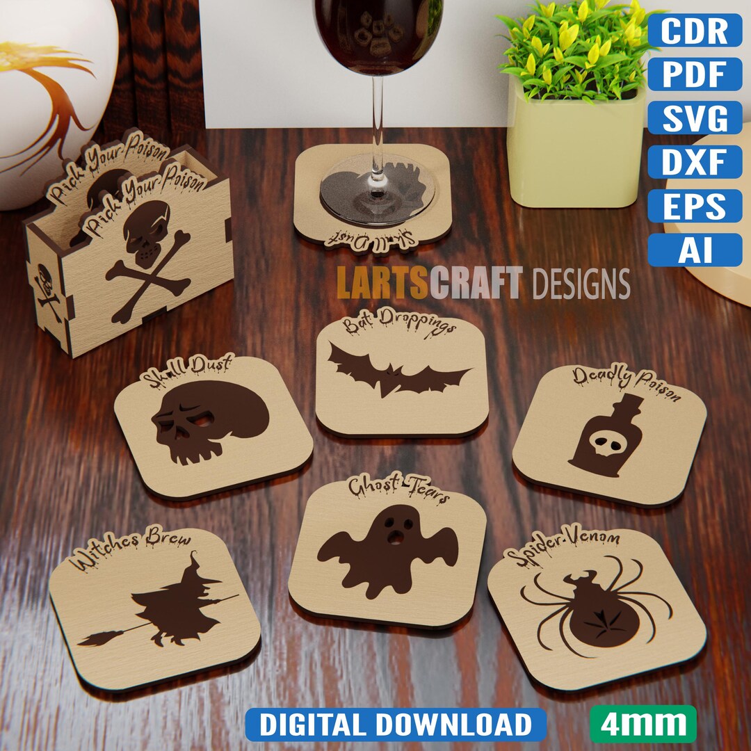 Halloween Coaster With Holder Svg, Dxf, Cdr, Pdf Vector Files for 4mm ...