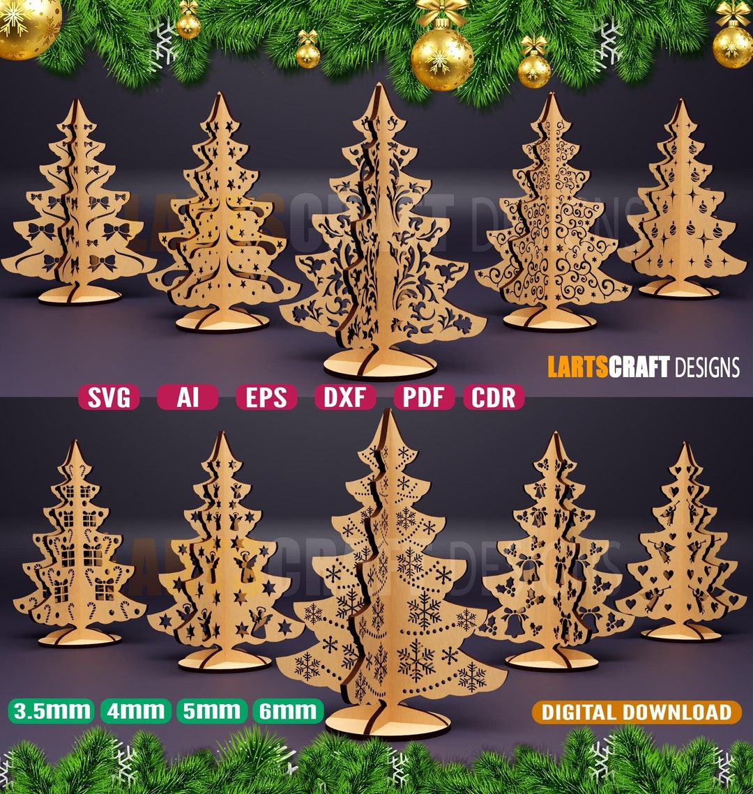 3D Christmas Tree Stands Laser Cut Decor Files Pack Glowforge Table ...