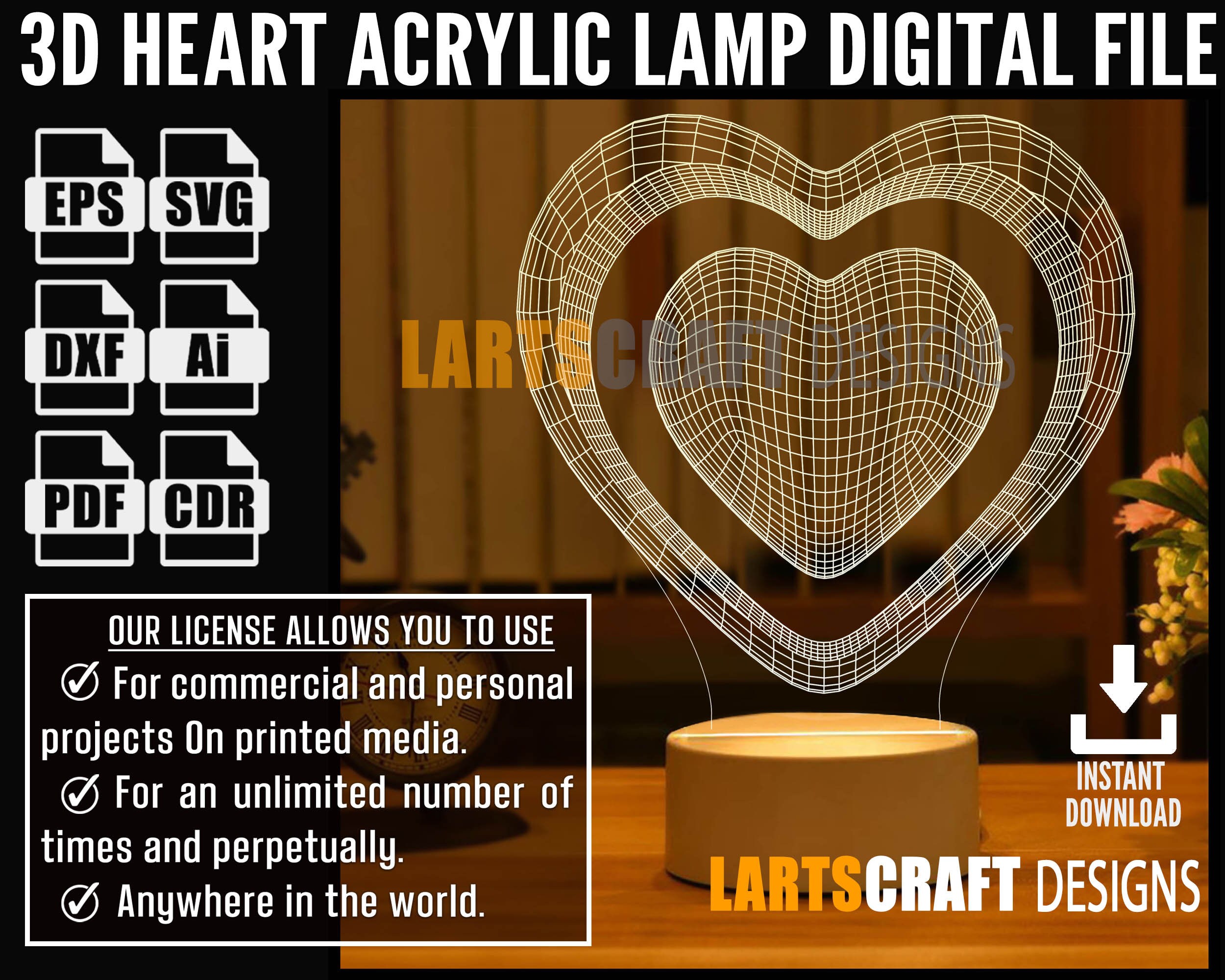 Two 3D Heart Valentine Acrylic Lamp Svg Dxf Cdr Pdf Ai Eps - Etsy