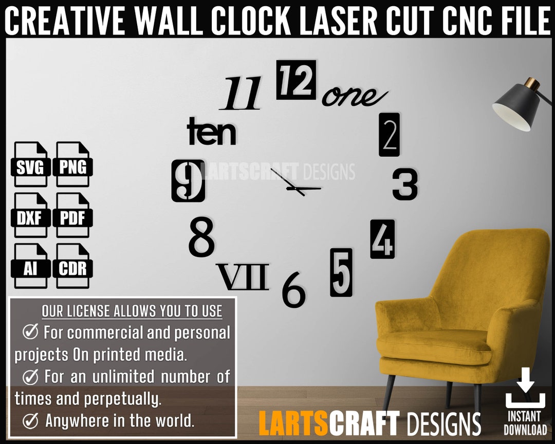 Creative Wall Clock CNC Laser Cut SVG Vector Template for CNC and Laser ...