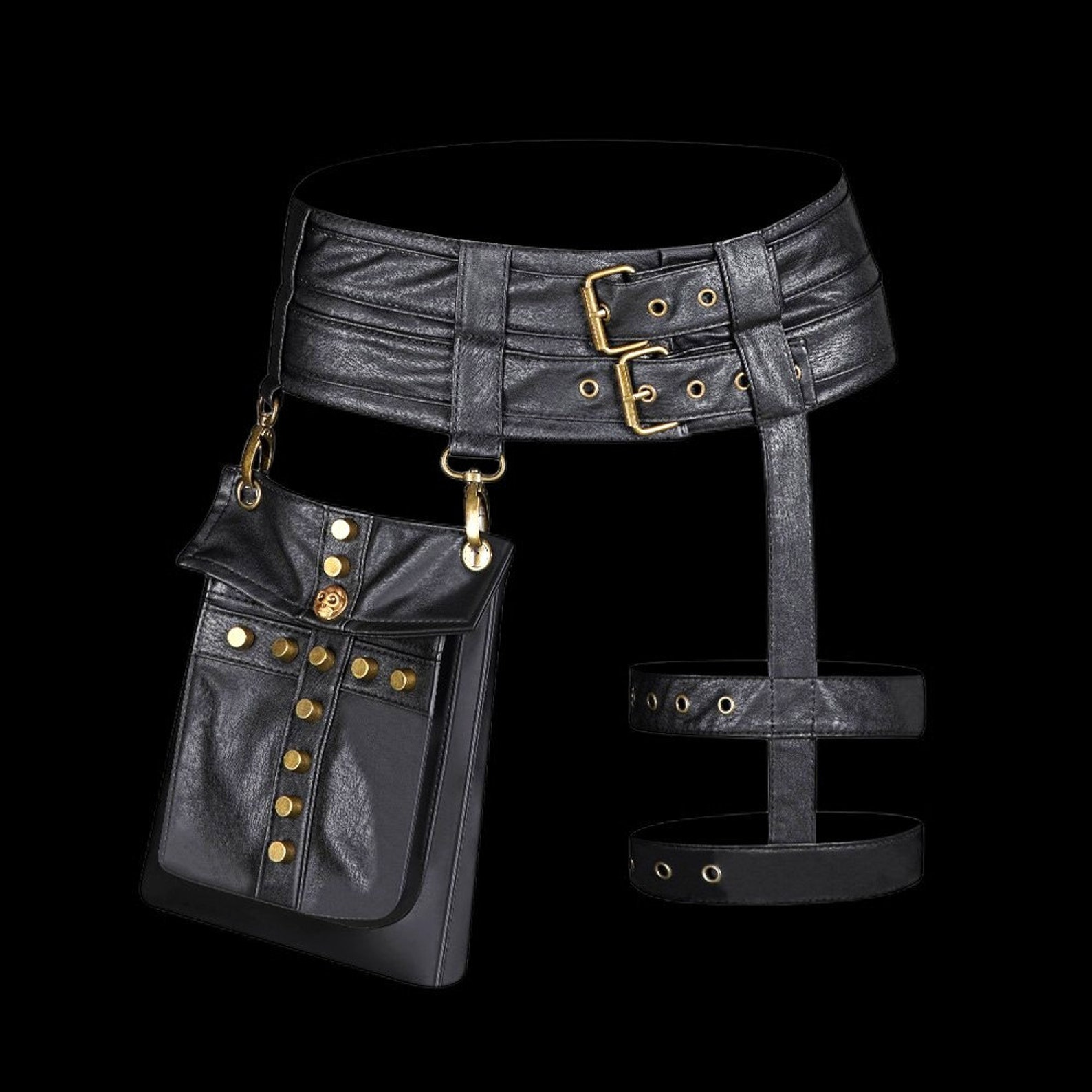 Black Gothic Punk Bag Leather Steampunk Waist Bags Motorcycle Belt Hip ...