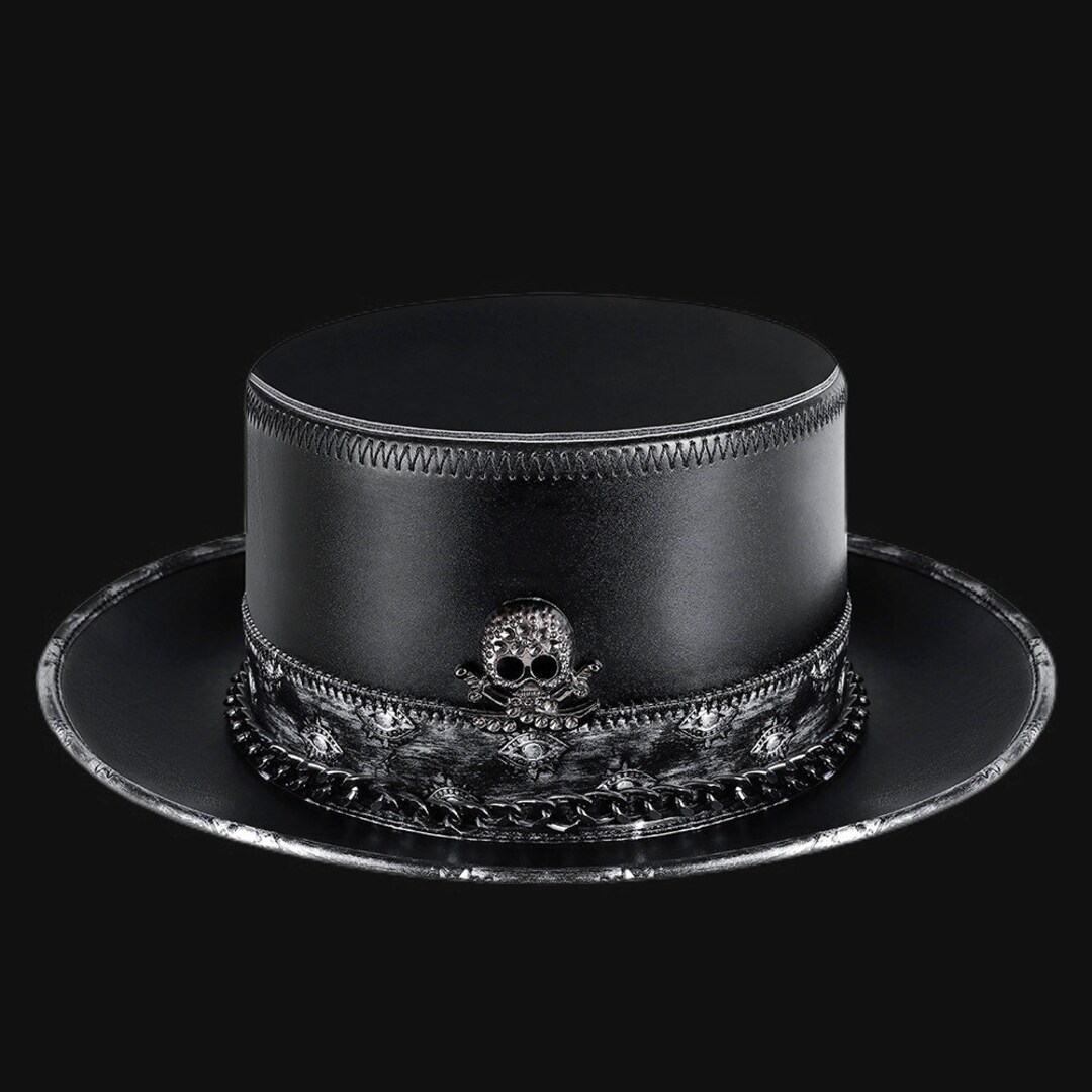 Black Dome Steampunk Magic Hat Gothic Halloween Cosplay Hat Leather ...