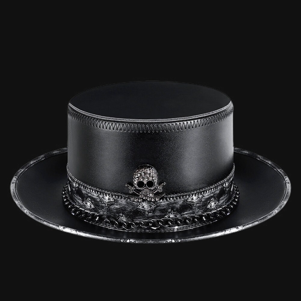 Black Dome Steampunk Magic Hat Gothic Halloween Cosplay Hat Leather ...