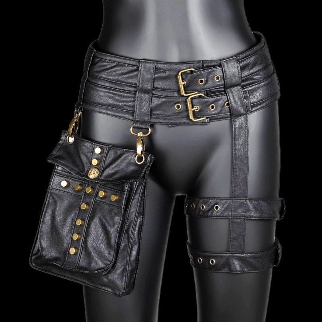Black Gothic Punk Bag Leather Steampunk Waist Bags Motorcycle Belt Hip ...