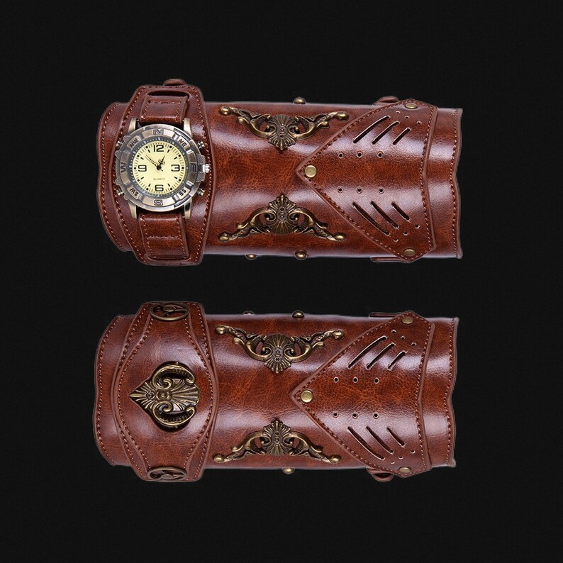 Leather Steampunk Bracers Armor Cuffs LARP Bracers Embossed Arm Guards ...