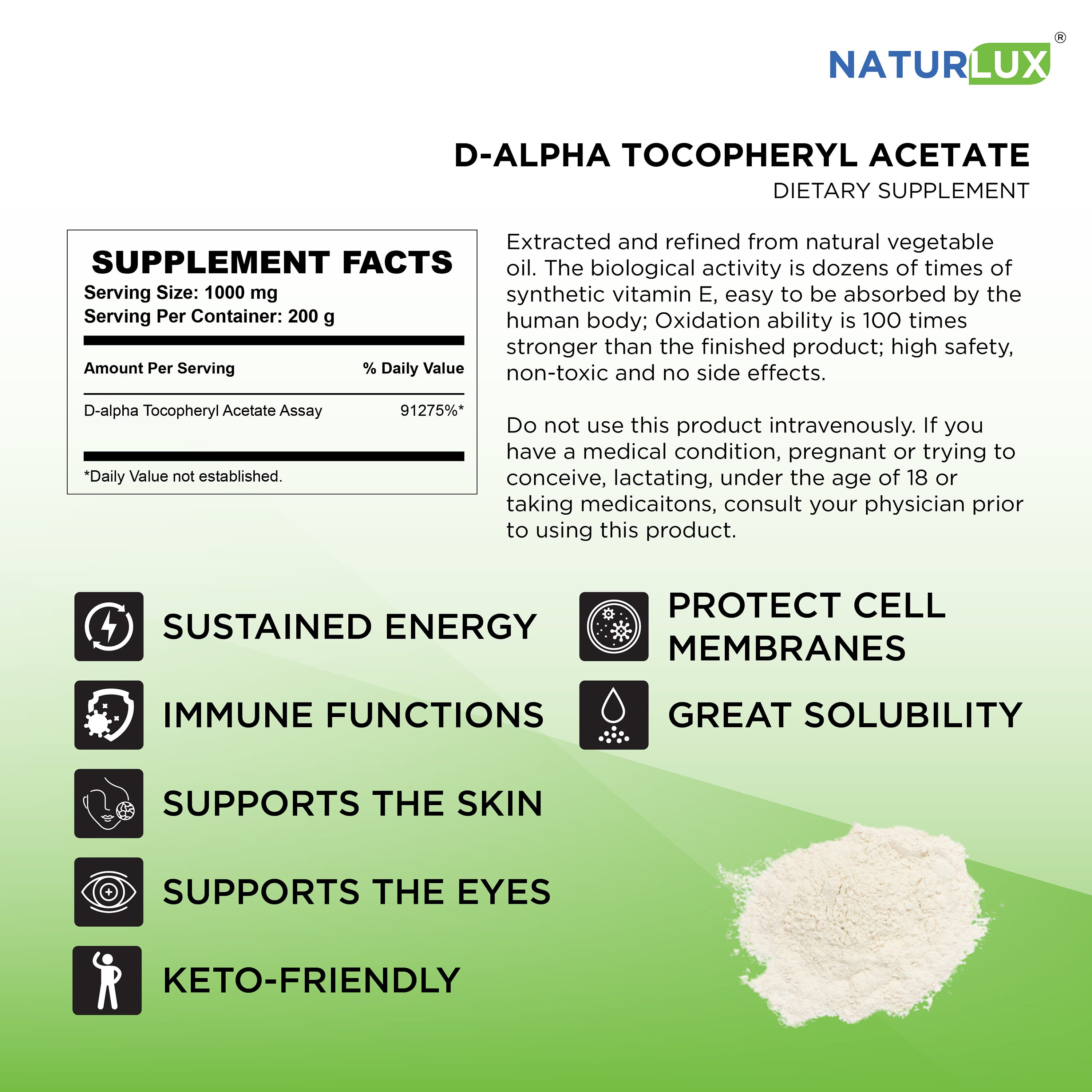 Vitamin E, D-alpha Tocopheryl Acetate, (vitamin E Powder) 200g (0.4lb ...