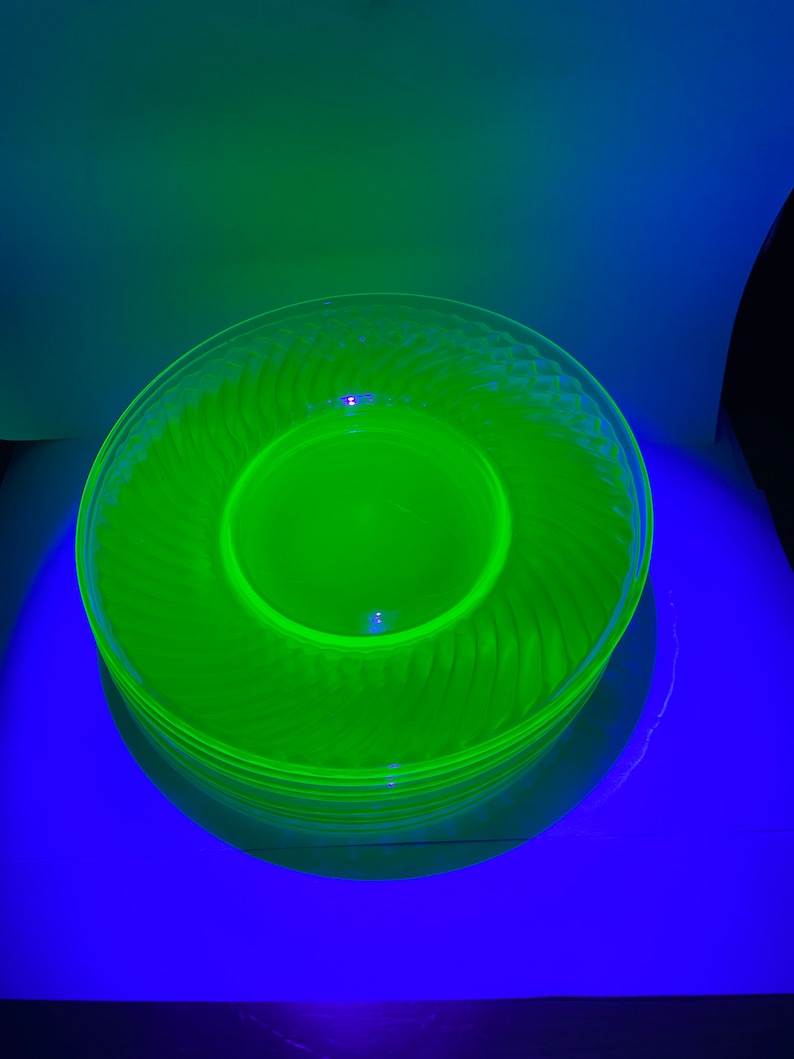 Uranium Glass Plates Swirl Pattern Flat 7” Round Green Color Slightly ...