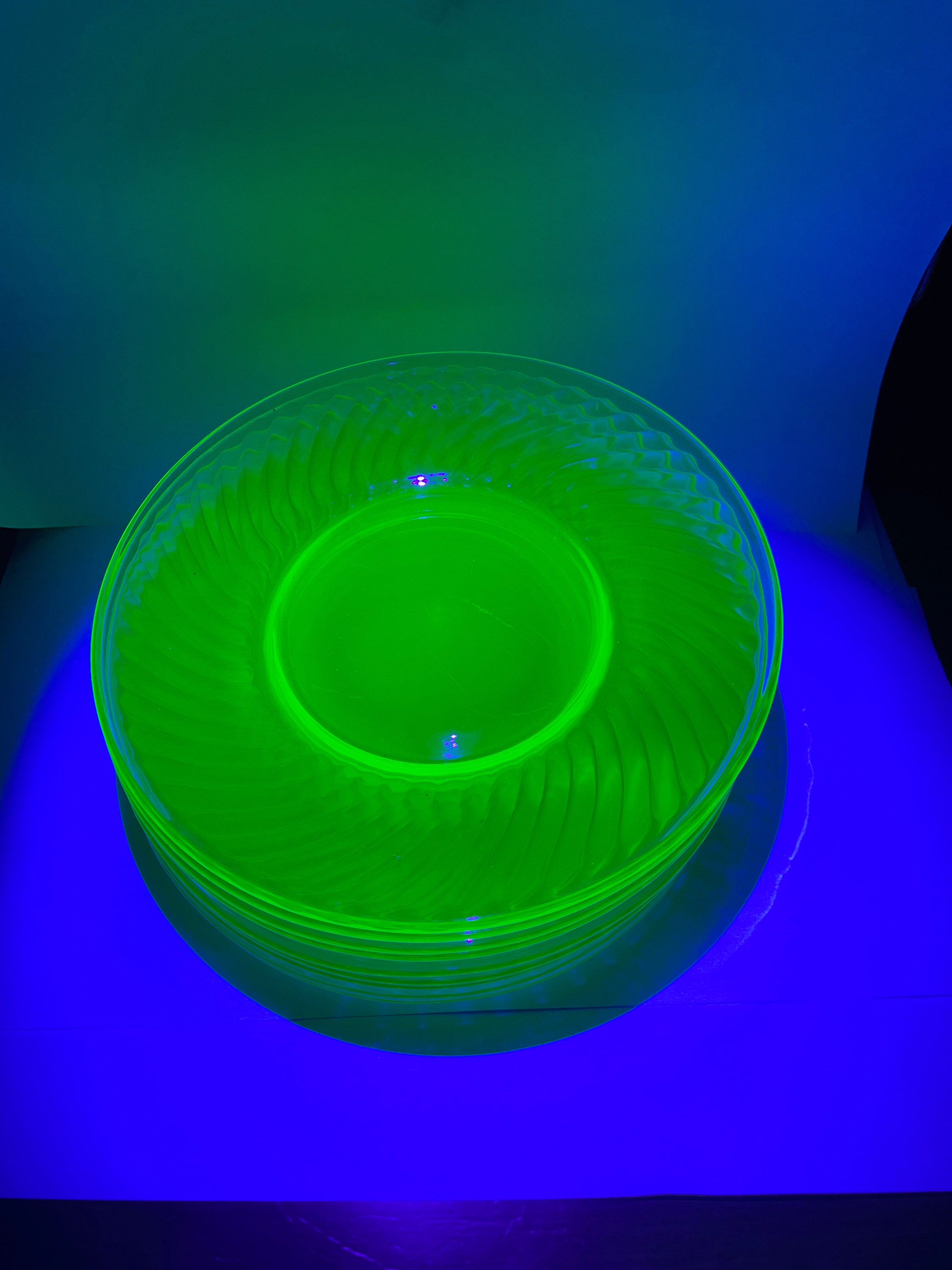 Uranium Glass Plates Swirl Pattern Flat 7” Round Green Color Slightly ...