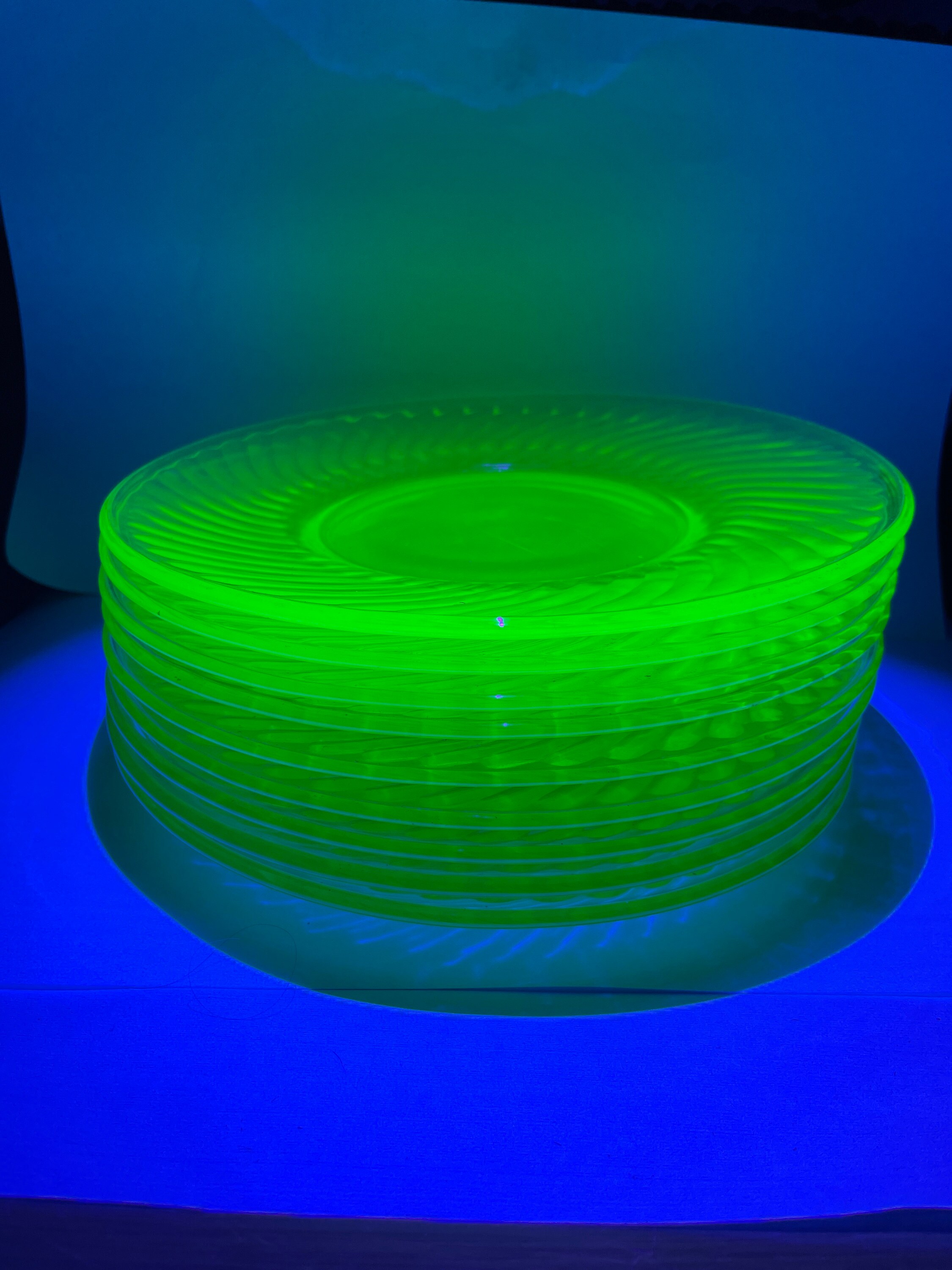 Uranium Glass Plates Swirl Pattern Flat 7” Round Green Color Slightly ...
