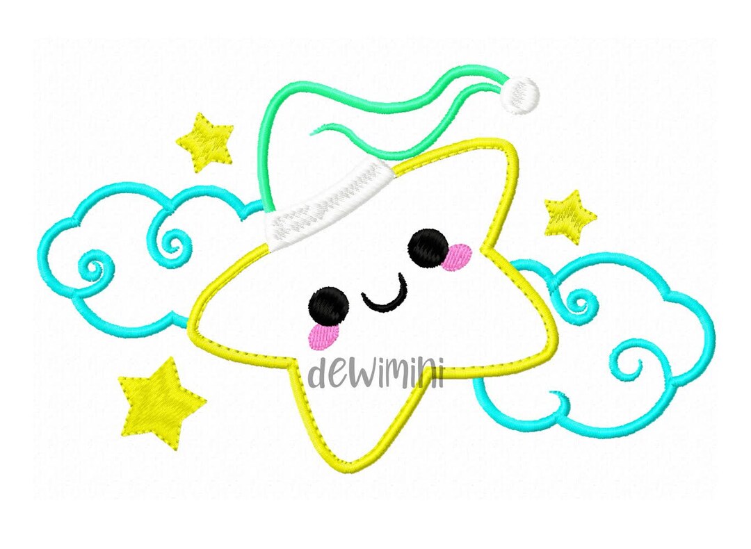 Cute Star With Cloud Embroidery Designs, Star Applique Design, Cloud ...