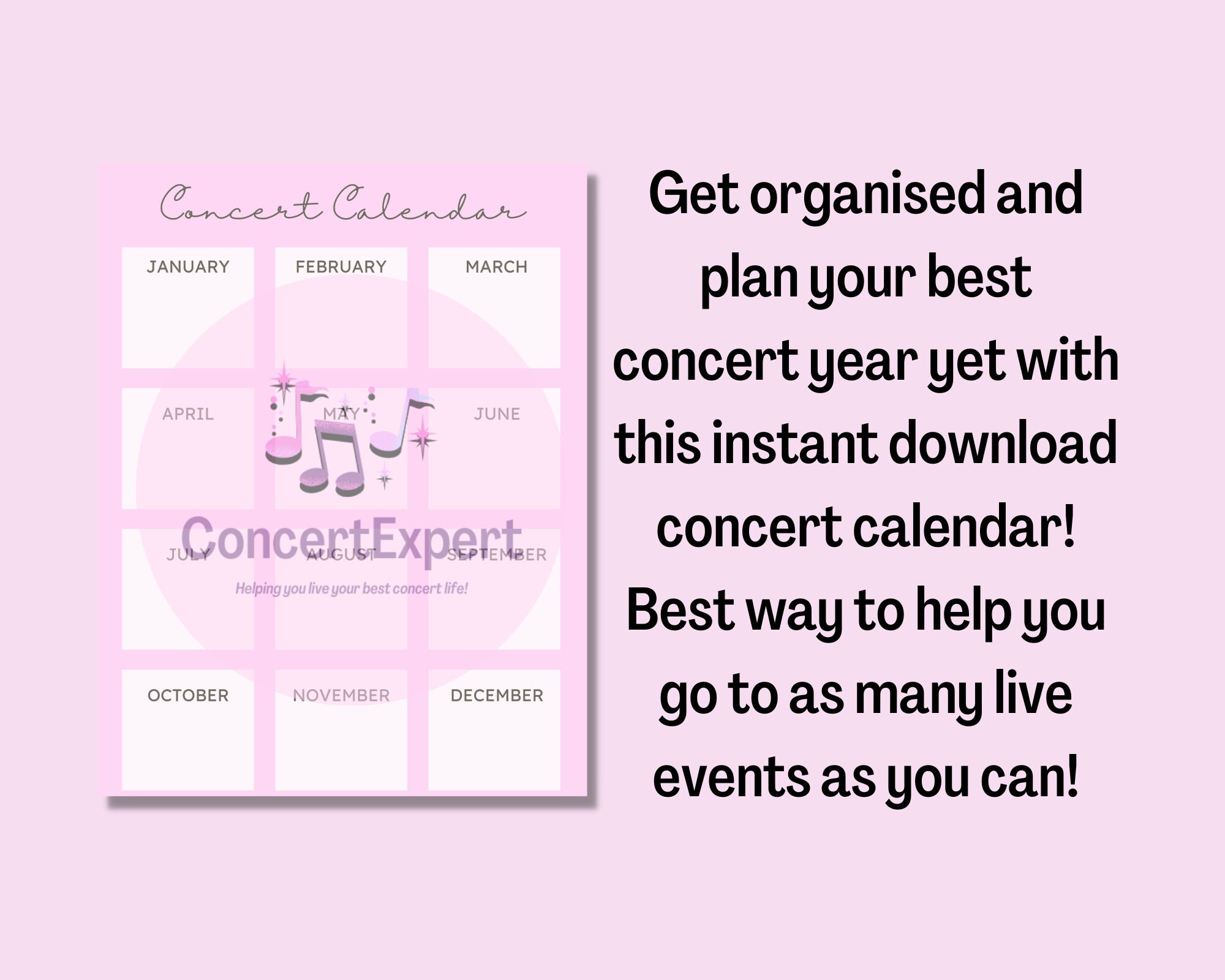 Concert Calendar, Live Event Planner, Yearly Calendar Download, Monthly ...