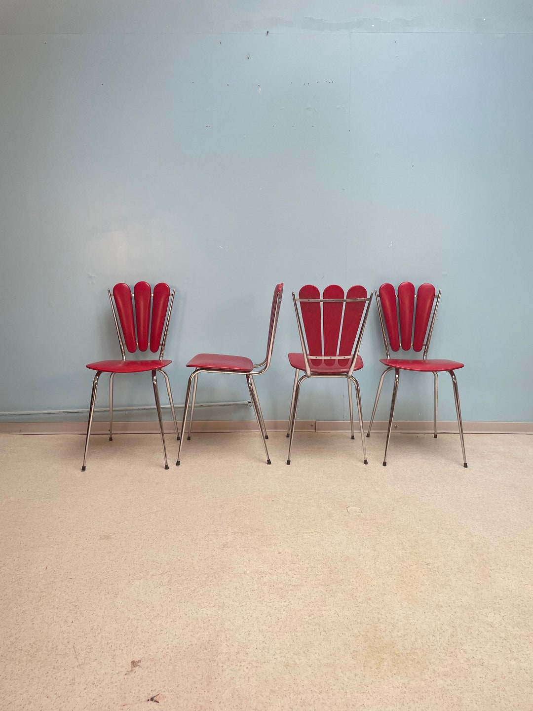 Set of Four Rockabilly Kitchen Chairs Tubular Steel Chrome Faux Leather ...