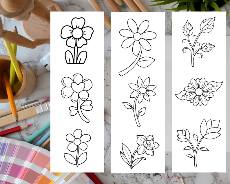 Kawaii Flower Bookmark – Printable Coloring Page for Kids (PDF) - Etsy