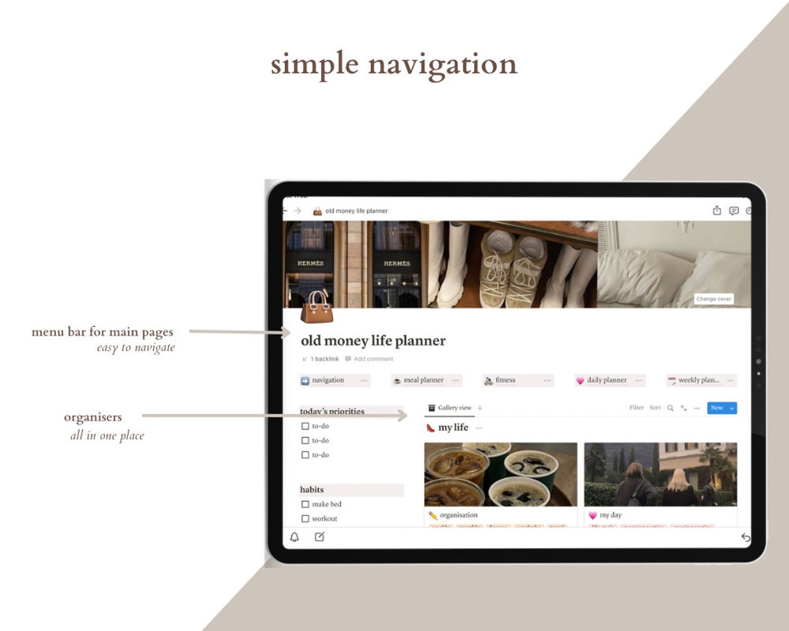 Old Money Aesthetic Notion Life Planner, Light Academia Notion ...