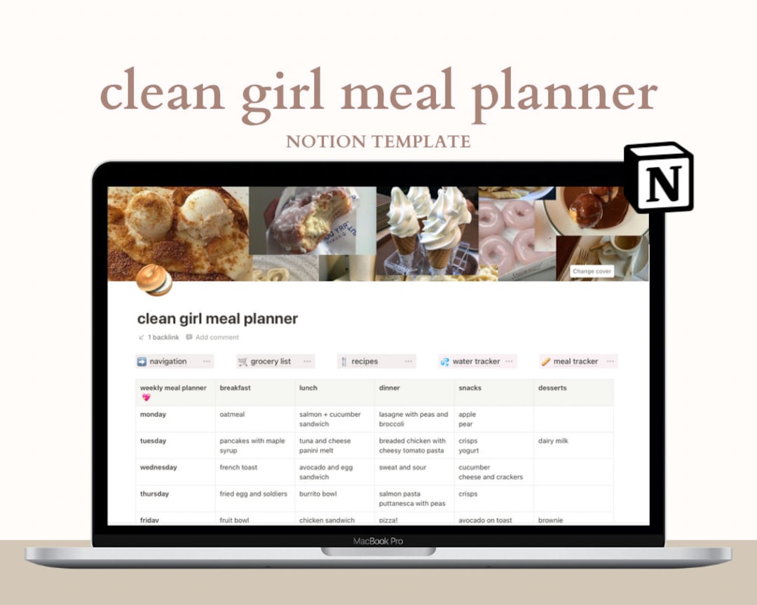 Aesthetic Clean Girl Notion Meal Planner Template, Clean Girl Recipe ...