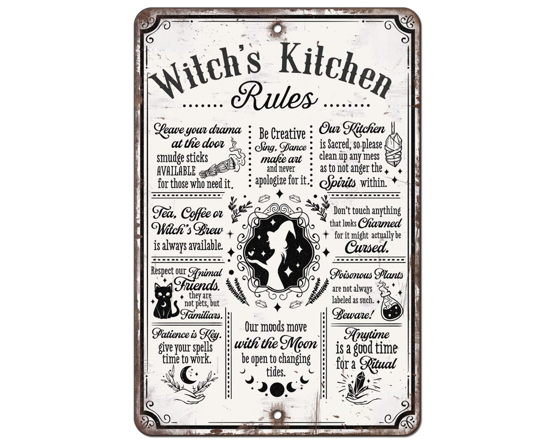 Witches Kitchen Rules Metal Sign, Witch Cat Crystals Herbs Wall Art ...