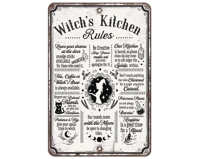 Witches Kitchen Rules Metal Sign, Witch Cat Crystals Herbs Wall Art ...