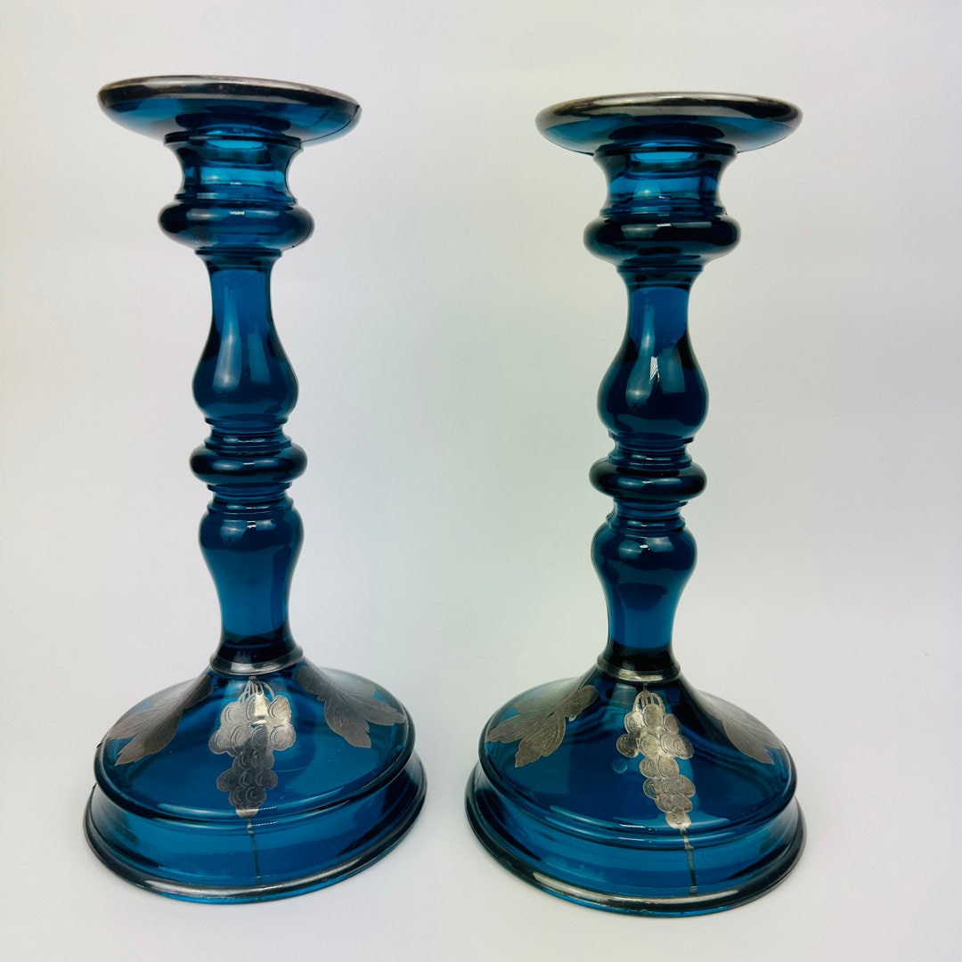 1930’s Tiffin Peacock Blue Candle Sticks #76 Pattern With Silver ...