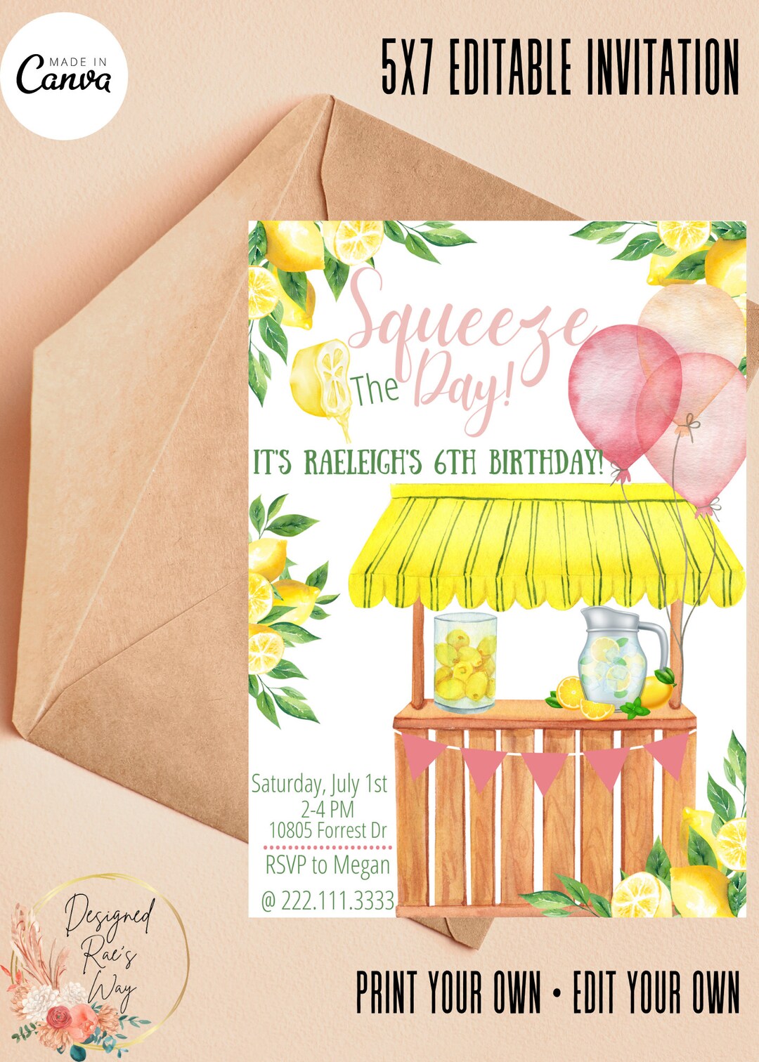 Lemonade Stand Birthday Invitation•editable Invite•lemonade Birthday ...