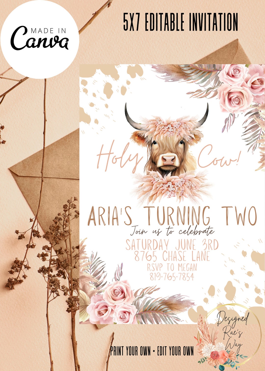 Holy Cow! I'm Turning 2 Editable Invitation|holy Cow Birthday Invite ...