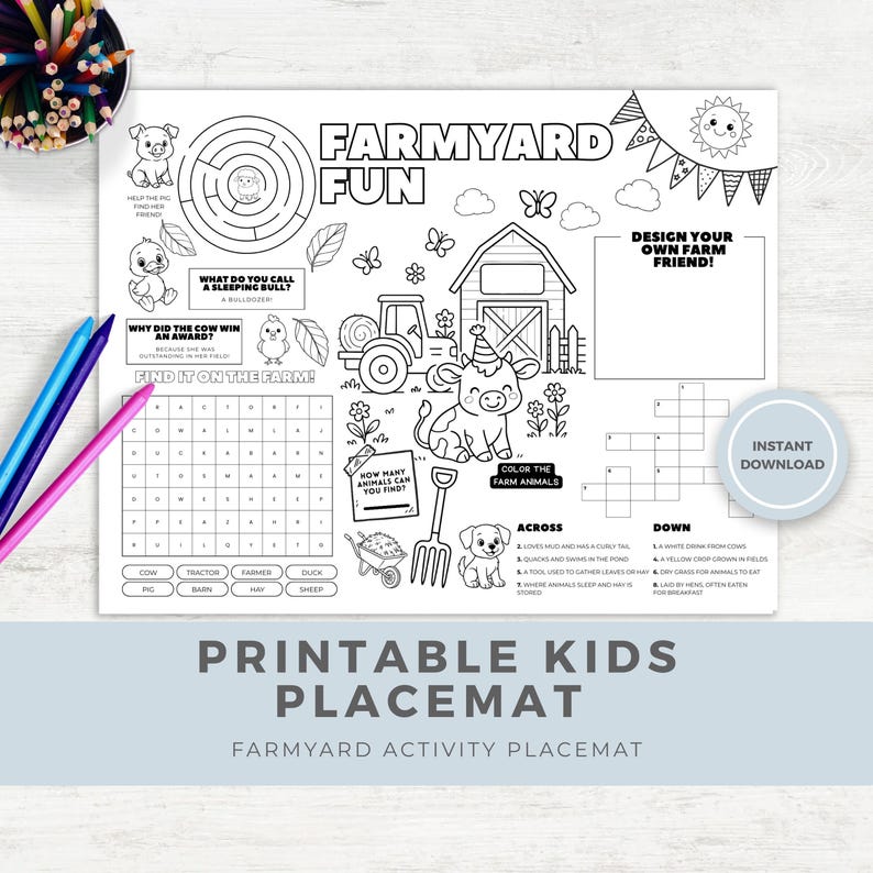 Farm Activity Placemat Printable – Kids Farmyard Games & Coloring - Etsy