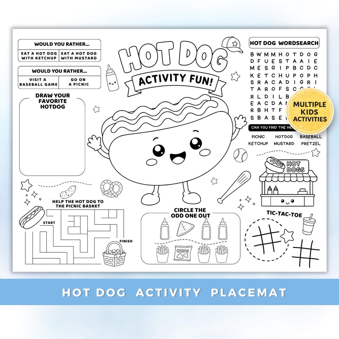 Hot Dog Activity Placemat Printable, Fast Food Coloring Page for Kids ...