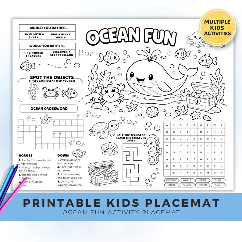 Ocean Activity Placemat Printable | Kids Coloring & Games | Under the ...